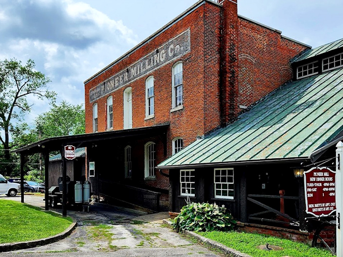 The imposing red brick exterior of Pioneer Mill stands as a testament to Ohio's industrial past, now serving culinary delights instead of grinding grain.