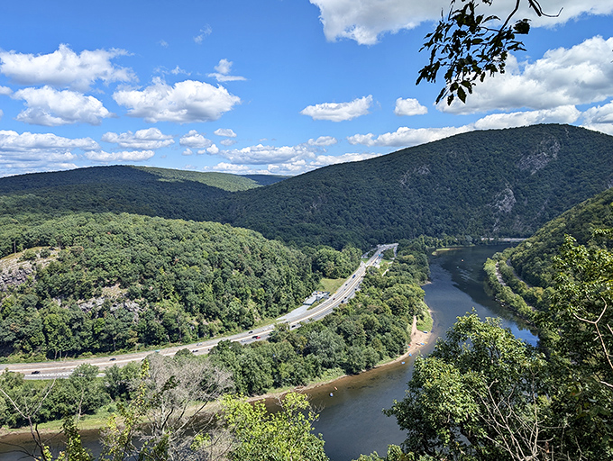 Nature's perfect postcard: the Delaware River carving its masterpiece through ancient mountains, with roads and forests creating a symphony of greens and blues.