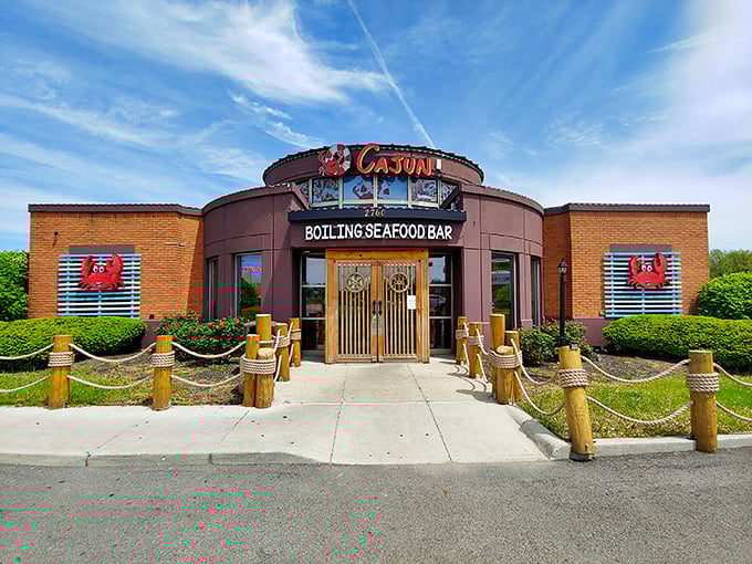 The circular fortress of flavor announces itself boldly on Taylor Road, where those wooden posts and nautical ropes aren't just decoration&mdash;they're foreshadowing the hands-on adventure waiting inside.