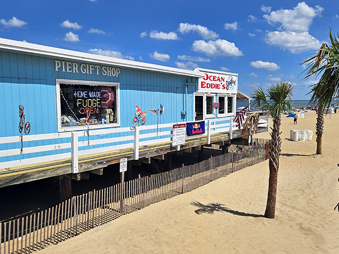 Ocean Eddie's bright blue exterior stands out against the golden sand, like a beachfront postcard come to life in Virginia Beach.