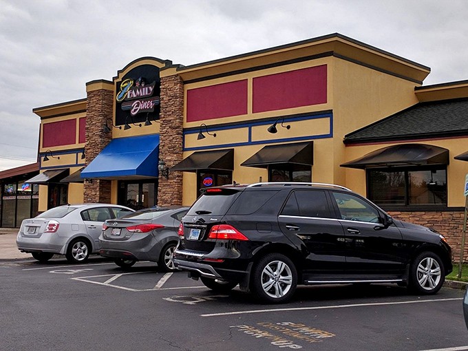 The iconic blue awning and stone facade of Hagerstown Family Diner stands ready to welcome hungry travelers from across Maryland and beyond.