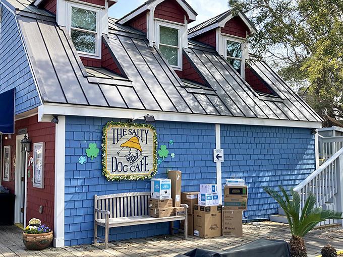 The iconic blue exterior of The Salty Dog Cafe stands out like a maritime beacon, promising seafood treasures within those shingled walls.
