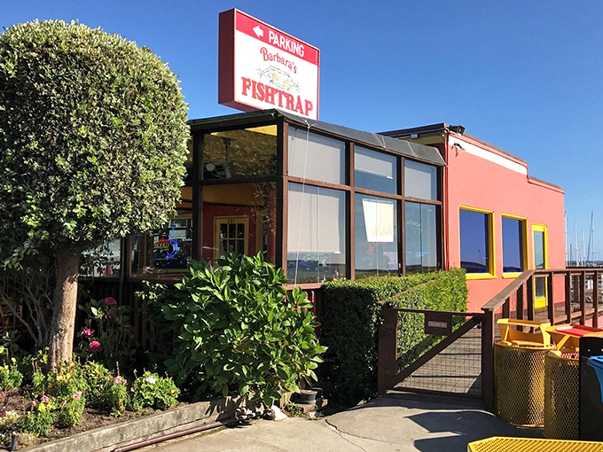 The coral-colored beacon of Barbara's stands proud against Half Moon Bay's sky, promising treasures within.
