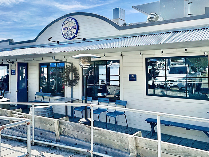 Floating above Tomales Bay like a delicious mirage, Tony's white exterior and string lights beckon hungry travelers to pause their coastal journey.