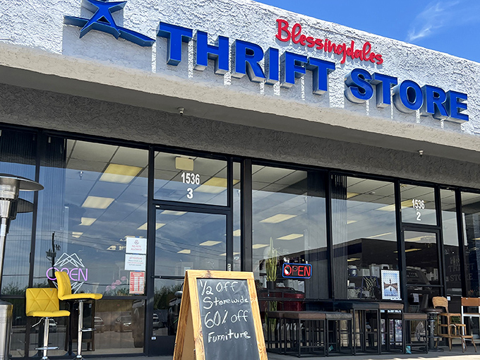 The bright blue and red signage of Blessingdales beckons like a retail oasis in the desert, promising treasures within that Nordstrom shoppers pay ten times more for.