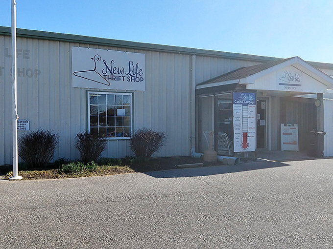 The unassuming exterior of New Life Thrift Shop&mdash;proof that treasure hunting doesn't require a fancy storefront, just a keen eye and patient spirit.