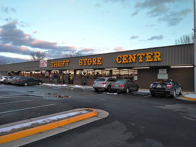 The unassuming exterior of Prime Thrift belies the wonderland of secondhand treasures waiting inside. Bold yellow letters promise adventure.