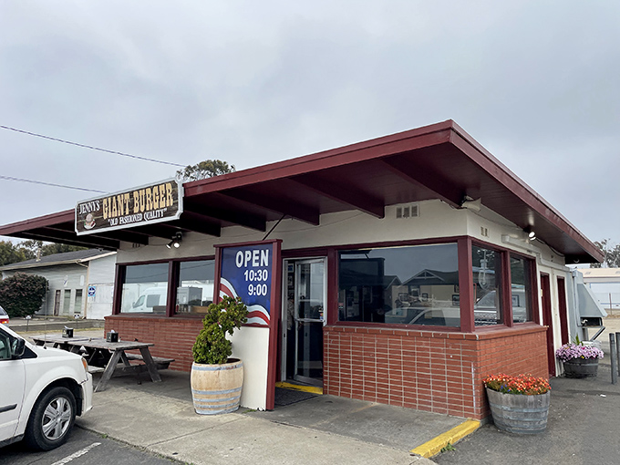The unassuming exterior of Jenny's Giant Burger in Fort Bragg hides a burger paradise within. Like finding a diamond in a paper bag, this coastal gem delivers on its "Giant" promise.