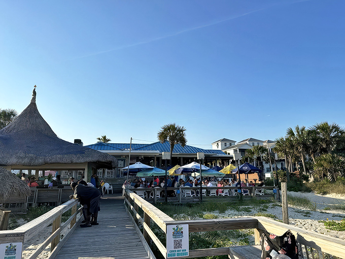 The Blue Parrot's weathered deck beckons like an old friend, promising fresh seafood and Gulf views.