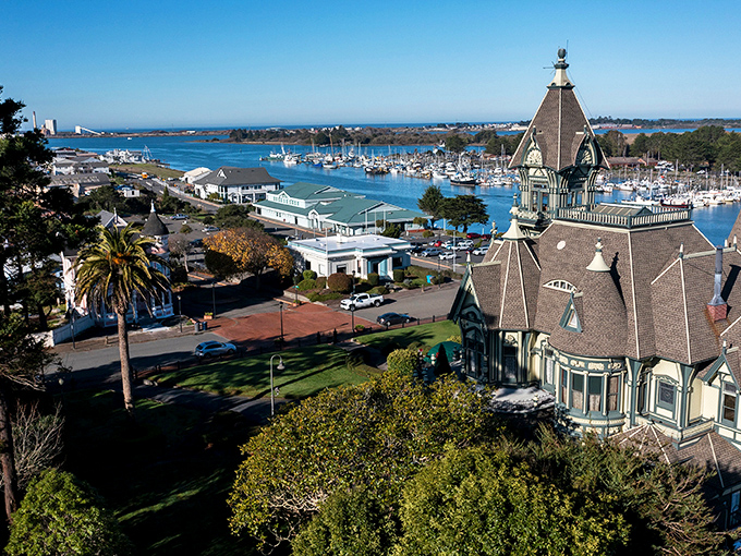 Eureka's Victorian splendor meets maritime charm in this postcard-perfect view. The Carson Mansion's turrets stand sentinel over Humboldt Bay's working harbor.