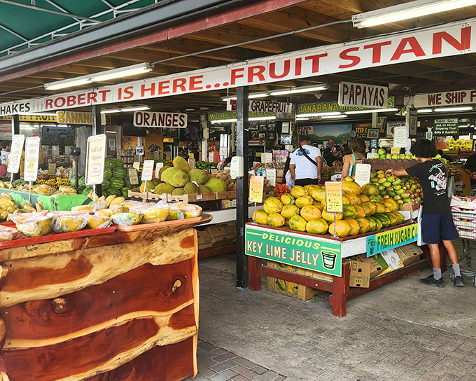 The iconic storefront beckons fruit enthusiasts with its rustic charm and promise of tropical treasures. Florida agriculture at its most authentic.