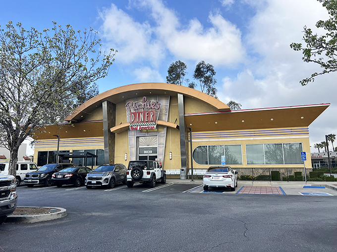 The golden-hued exterior of Richie's Diner stands like a beacon of breakfast hope along Rancho Cucamonga's landscape, promising comfort food salvation inside.