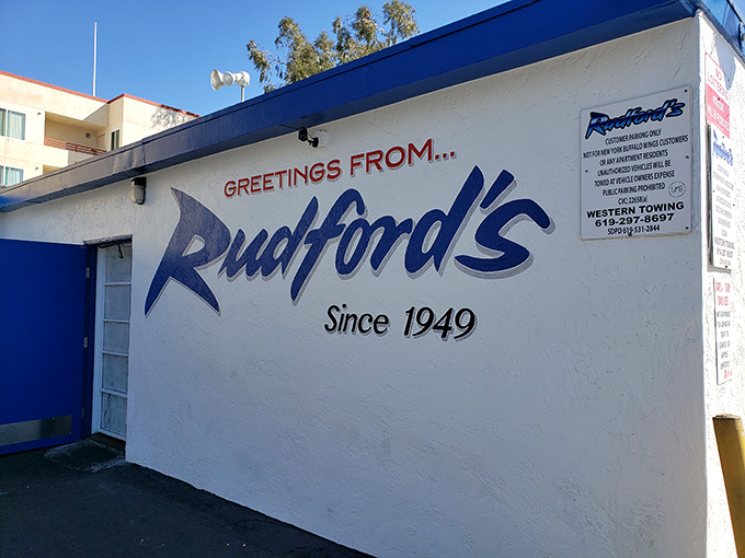 The unmistakable blue facade of Rudford's stands like a culinary lighthouse on El Cajon Boulevard, promising 24/7 salvation for the hungry souls of San Diego.