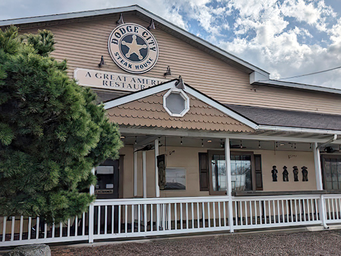 The unassuming exterior of Dodge City Steakhouse proves that culinary treasures don't always come in fancy packages. This is where steak dreams come true.