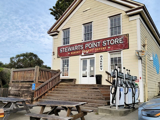 The unassuming yellow facade of Stewarts Point Store stands like a beacon of culinary hope on this remote stretch of Highway 1.