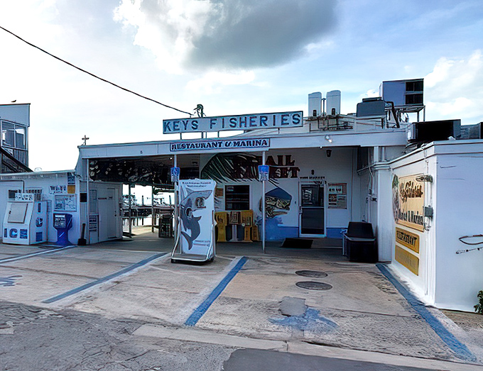 The unassuming entrance to seafood paradise. No fancy frills here&mdash;just the promise of ocean-fresh delights waiting beyond those humble doors.