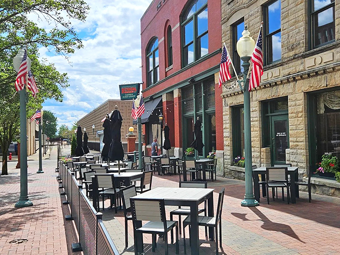 Welcome to downtown Canton's crown jewel, where American flags wave proudly over outdoor dining perfection.