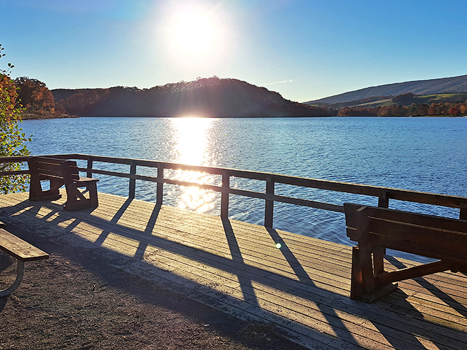 The perfect mirror-like waters of Canoe Lake reflect Pennsylvania's rolling hills, creating nature's own double feature. Boat dock awaits your adventure.
