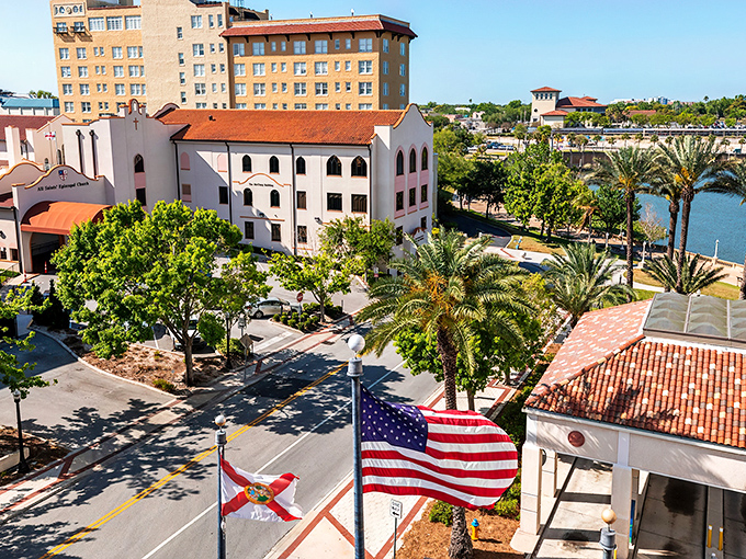 Downtown Lakeland's historic charm unfolds like a vintage postcard come to life, complete with palm trees, Spanish architecture, and Florida sunshine that makes everything glow.