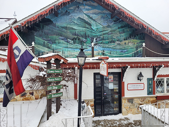 The Swiss chalet-style exterior of Guggisberg Cheese looks like it was plucked straight from an Alpine postcard. Those mountains painted on the facade? A delicious promise of what's inside.