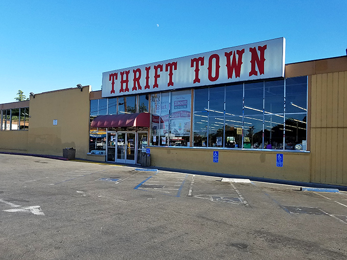 That red lettering against blue sky practically screams "treasure hunting headquarters" – and your wallet will thank you