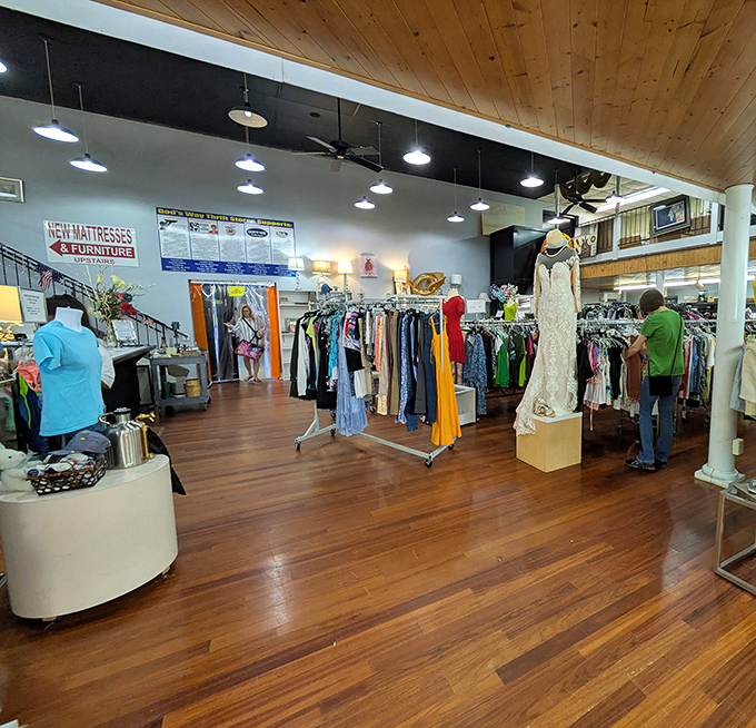 The iconic blue and white sign welcomes bargain hunters to God's Way Thrift Store, where one person's castoffs become another's treasures.