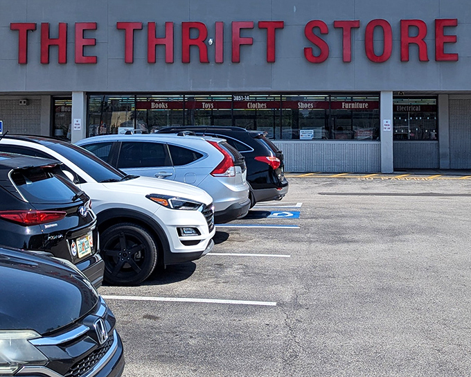 The bold red letters of The Thrift Store beckon like a siren song to bargain hunters. No fancy frills needed when treasures await inside.