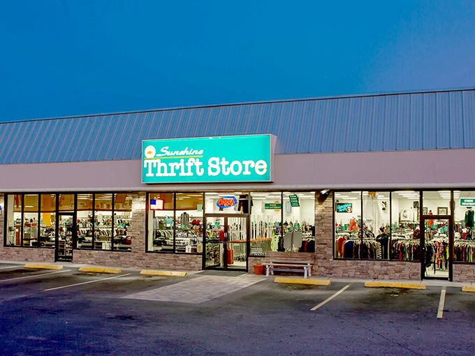 The distinctive teal sign of Sunshine Thrift welcomes bargain hunters like a retail oasis in the Florida heat, promising treasures within its unassuming exterior.