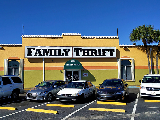 The unassuming facade of Family Thrift Store beckons with promises of treasures waiting inside, like a humble book with an epic story hidden between its covers.