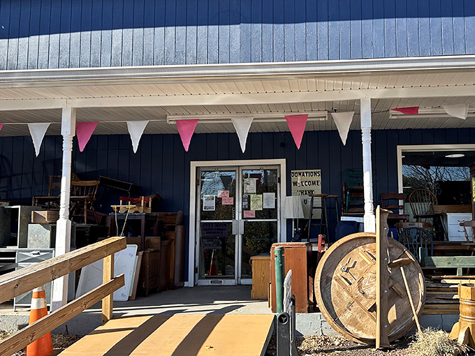 The unassuming blue exterior with cheerful pennant flags is like a treasure chest disguised as a garden shed. Adventure awaits inside!