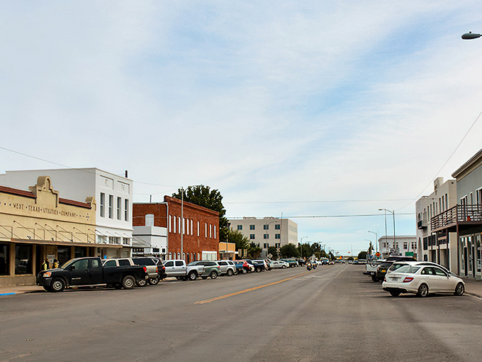 Downtown Kerrville stretches into the distance, where historic buildings and modern life blend seamlessly under that famous Texas sky.