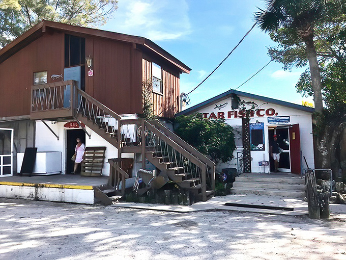 The unassuming entrance to Star Fish Co. proves once again that in Florida, the best seafood often hides behind the simplest facades.