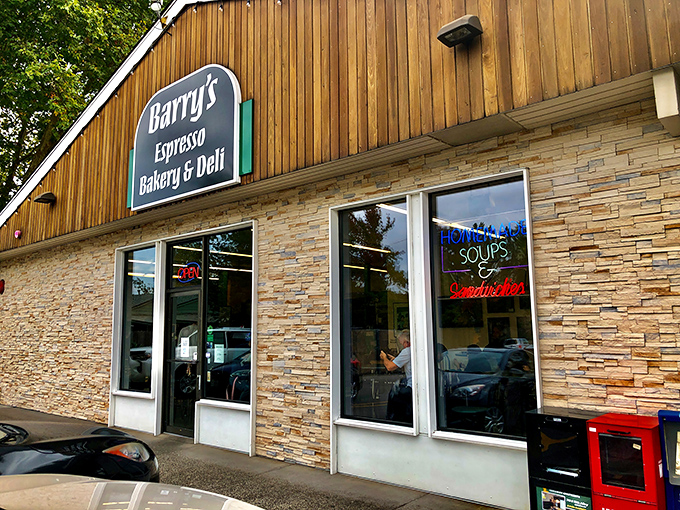 Barry's rustic wooden facade and stone exterior stands as Eugene's unassuming sandwich sanctuary. No pretension, just delicious promises waiting inside.