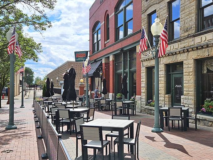 Brick, flags, and history &ndash; Bender's Tavern's exterior promises an all-American dining experience that's been perfected over generations in downtown Canton.