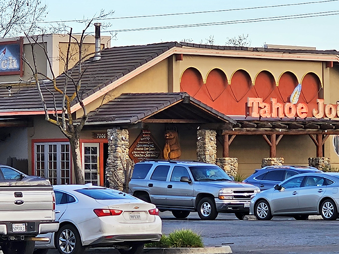 The iconic Tahoe Joe's sign welcomes hungry travelers like a mountain oasis in Fresno's urban landscape. Those stone pillars aren't just for show&mdash;they're holding up decades of steak-loving traditions.