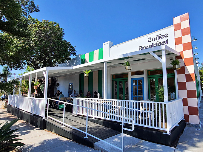 Checkered corners and vibrant green accents welcome you to breakfast paradise. San Diego mornings were made for this kind of porch-sitting splendor.