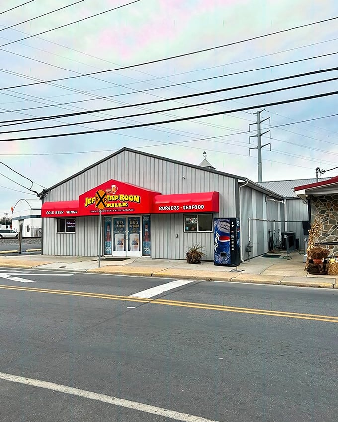 The bold red awning of Jeff's Taproom & Grille promises "BEER &bull; WINGS" but delivers so much more. Small-town Delaware dining at its unpretentious best.