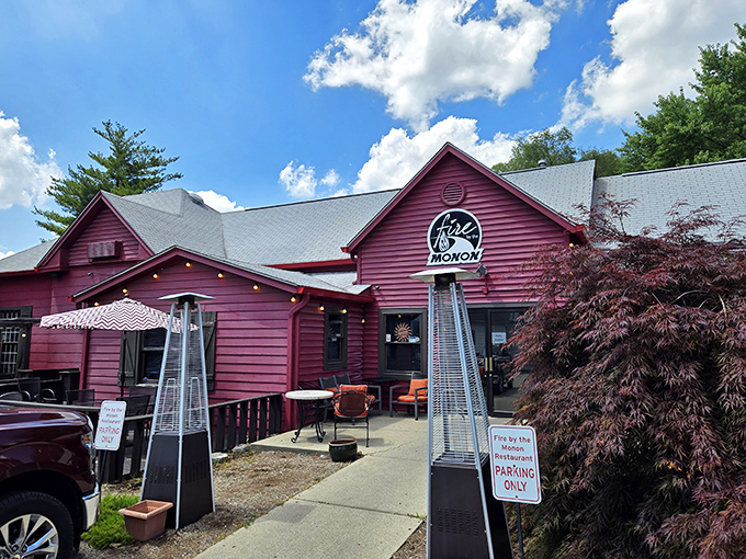 The burgundy beacon of Broad Ripple beckons hungry travelers. Fire by the Monon's charming exterior promises comfort food that lives up to its vibrant appearance.