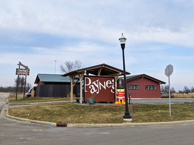 The red barn-like exterior of Payne's stands proudly in Gas City, complete with a whimsical duck mascot wearing a British guard's hat.