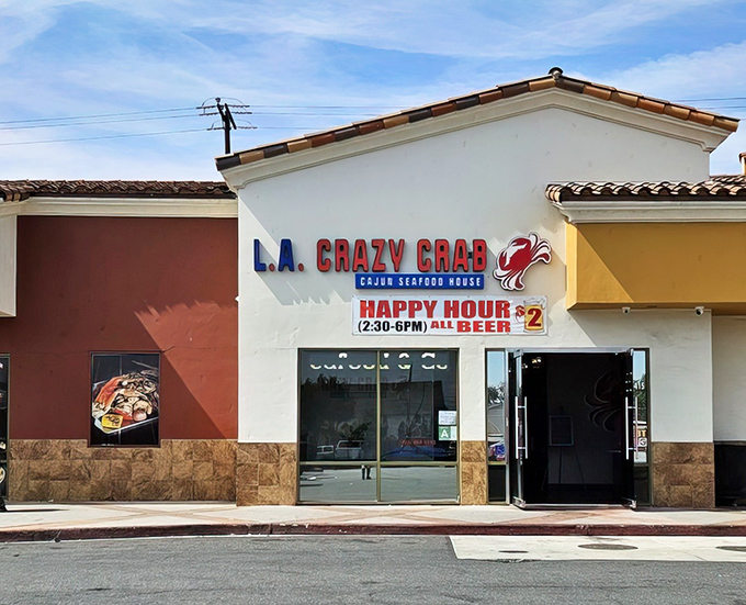 The unassuming exterior of L.A. Crazy Crab belies the seafood treasures within. That happy hour sign is practically calling your name.