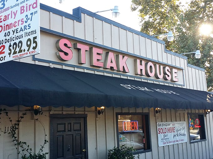 The iconic red signage of Gus's Steakhouse stands like a beacon of hope for hungry travelers traversing Gold Country. Meat salvation awaits!
