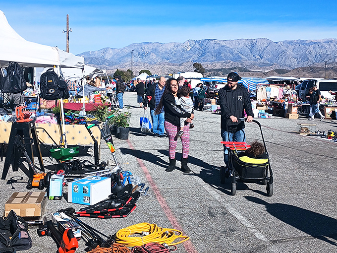 A treasure hunter's paradise stretches as far as the eye can see, with colorful tents creating a patchwork marketplace under the California sky.