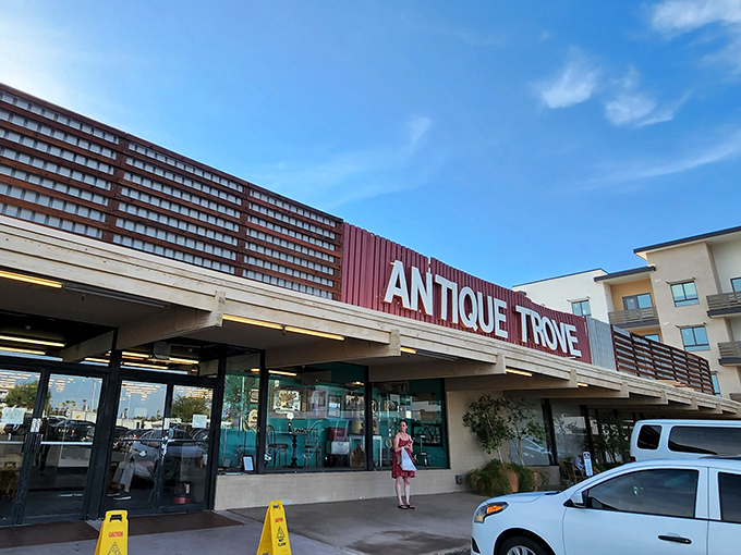 The unassuming exterior of Antique Trove belies the wonderland within. Like finding a portal to the past beneath Arizona's brilliant blue skies.