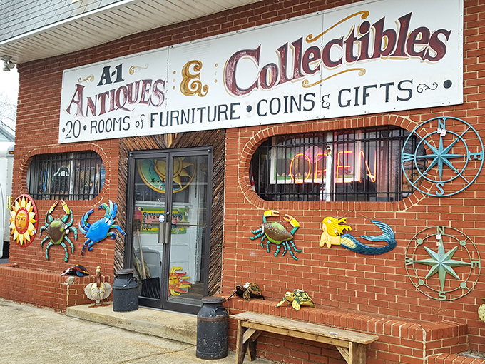 The brick fa&ccedil;ade of A-1 Antiques beckons with colorful marine-themed art and the promise of "20 ROOMS" &ndash; like a treasure map where X marks every spot.