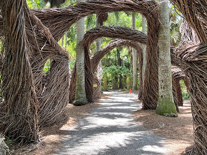 Woven wooden archways create a magical portal through the garden. Nature's version of "You must be this whimsical to enter."
