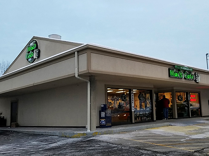 The green and white sign beckons hungry travelers like a lighthouse for breakfast lovers. Mac's Route 8 Cafe promises no frills, just Butler's best breakfast.