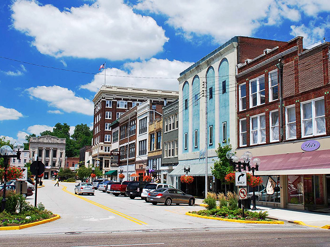 Alton unfolds like a storybook from above, where historic brick buildings and leafy neighborhoods create a patchwork quilt of Midwestern charm.