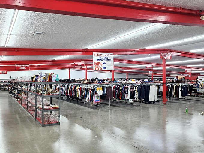 The festive red-trimmed exterior of Thrift City beckons bargain hunters with its colorful pennant flags&mdash;like a carnival where the prize is always affordable fashion.