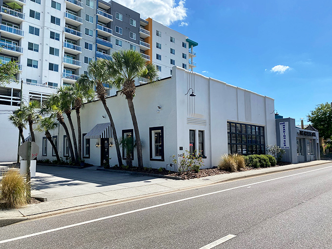 The Art Deco fa&ccedil;ade of SPARCC Treasure Chest stands like a white beacon of bargain possibilities, palm trees swaying in approval of your impending shopping adventure.