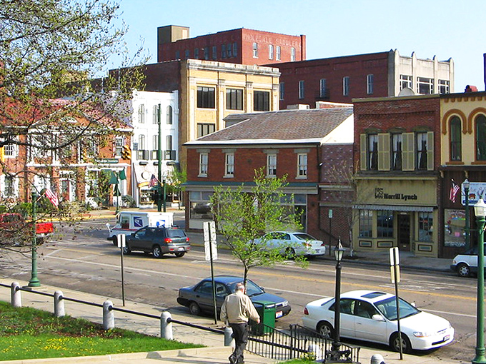 Marietta's downtown skyline showcases its architectural heritage with a blend of brick buildings that have witnessed centuries of Ohio River history.